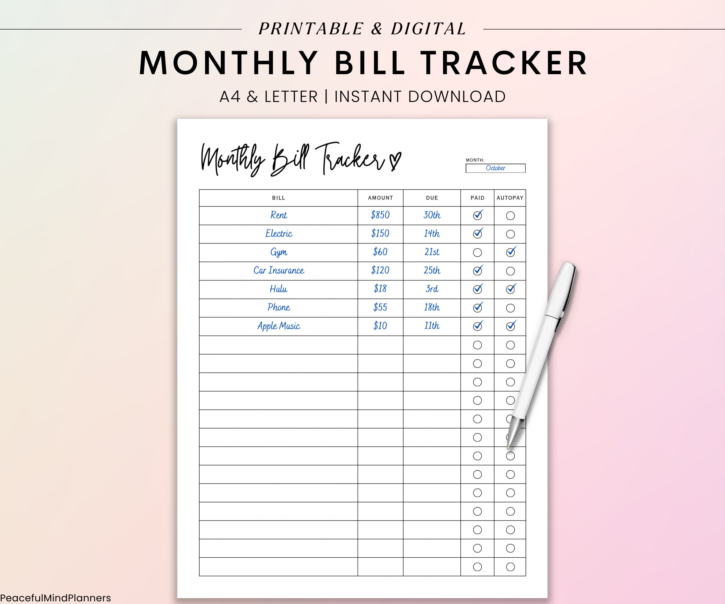 Bill Tracker, Monthly Bill Tracker Printable, Digital Bill Tracker ...