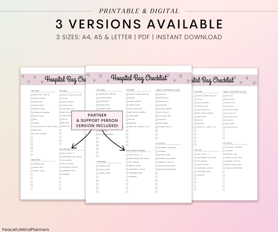Hospital Bag Checklist Printable, Labor and Delivery Checklist, Birth ...