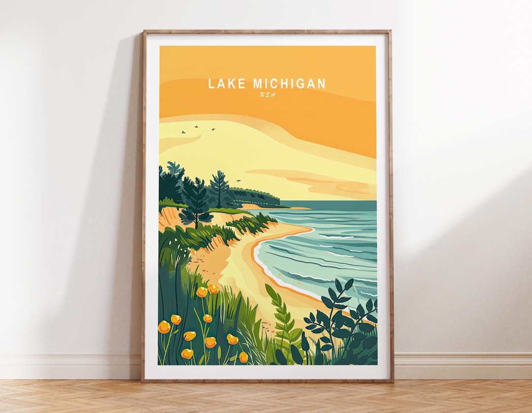 Lake Michigan Poster, USA Coast Print, Lake Michigan Wall Art, Sunset ...