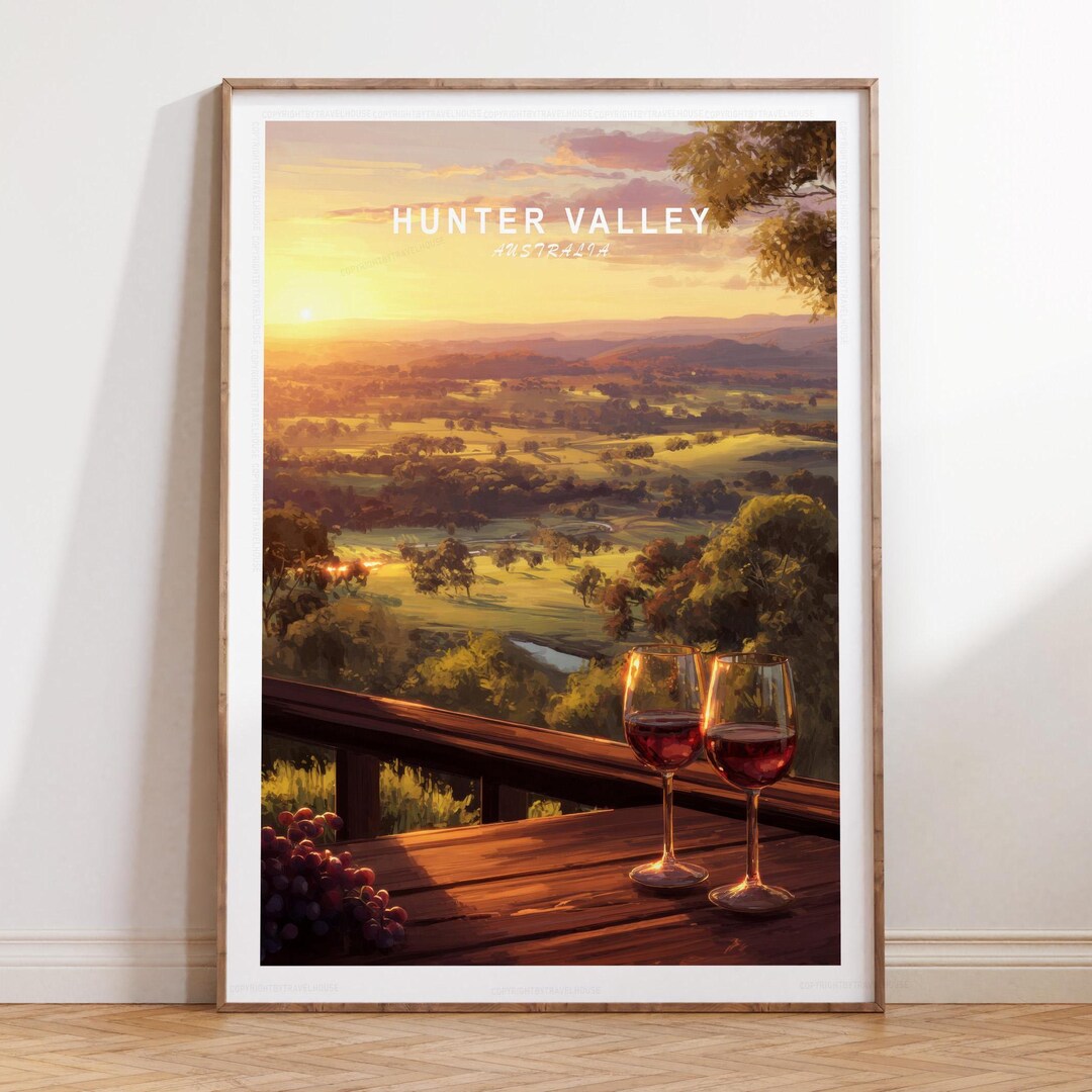 Hunter Valley Australia Watercolor Poster – Scenic Vineyard Sunset Art ...