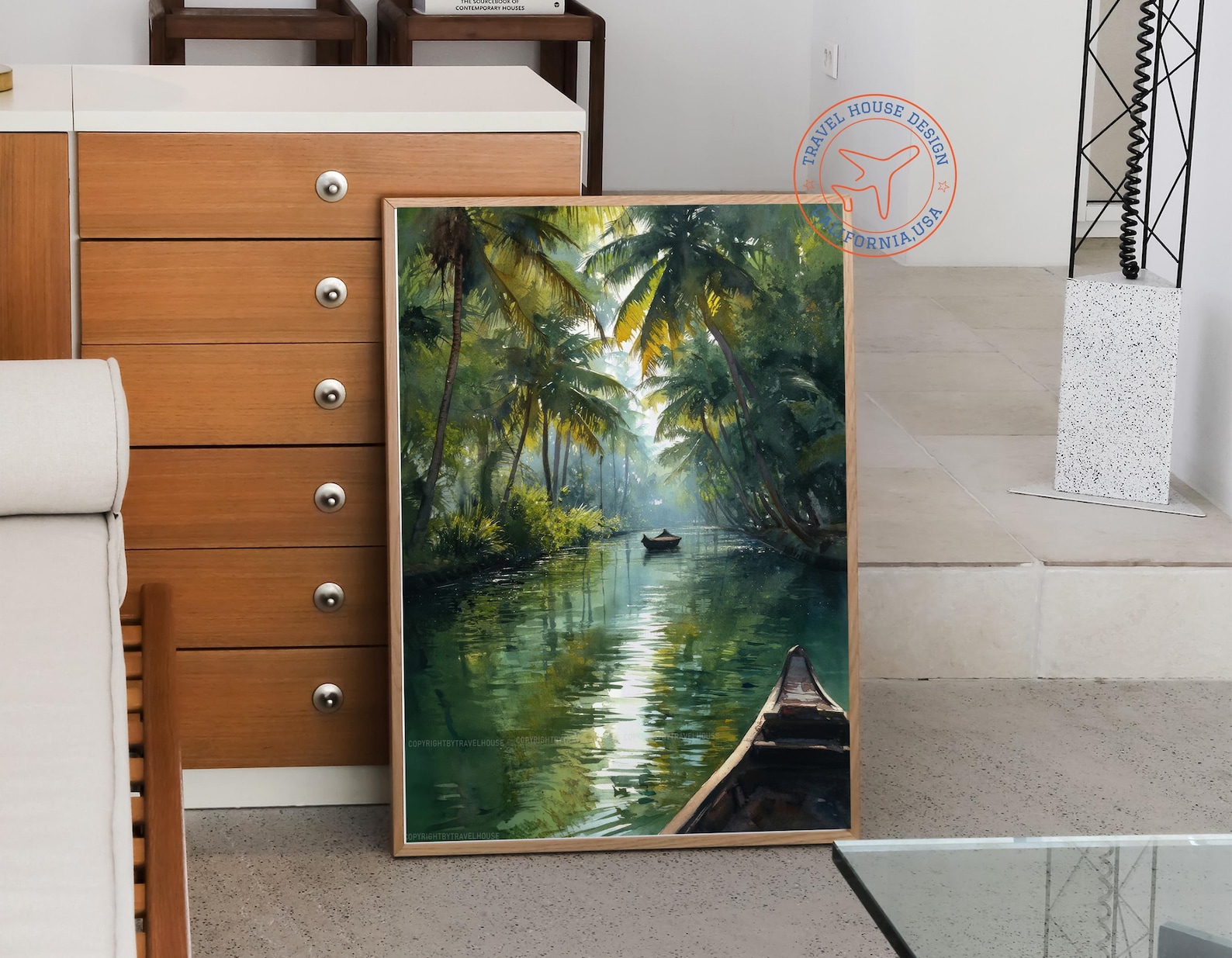 Kerala India Watercolor Art, Tropical Backwaters Landscape Print ...