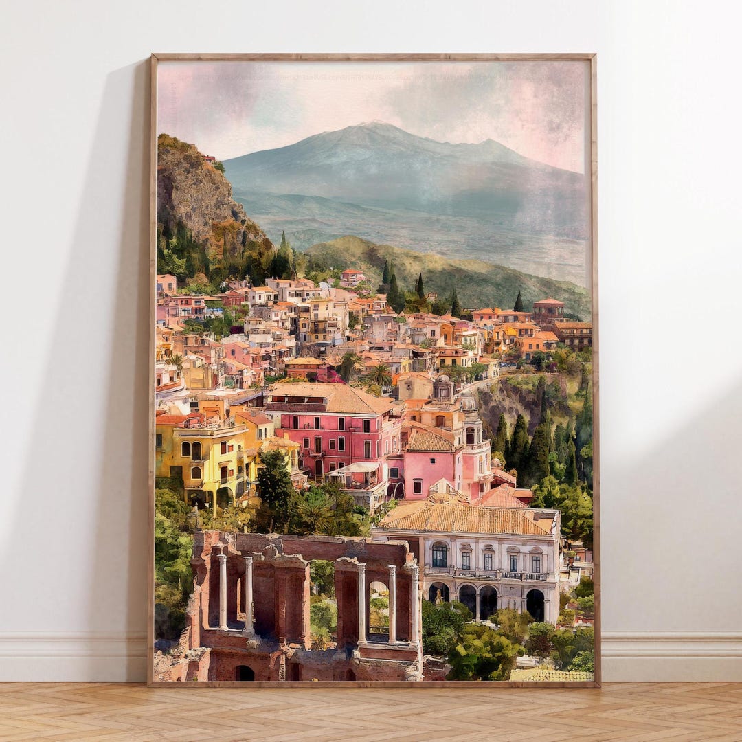 Watercolor Taormina Italy Travel Poster, Sicilian Hill Town Landscape ...