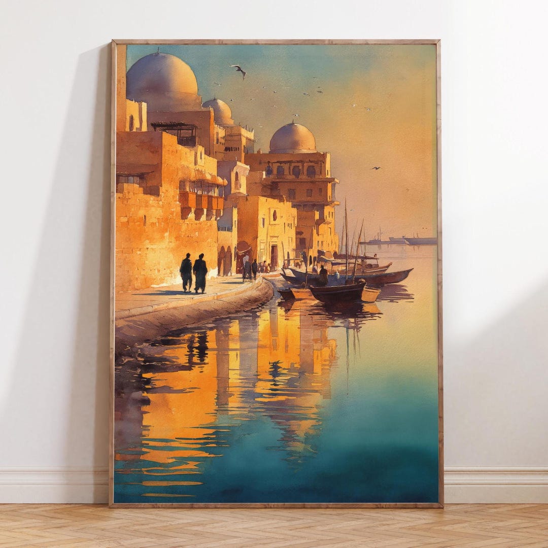Manama Bahrain Watercolor Painting – Middle Eastern Harbor Scene Wall ...
