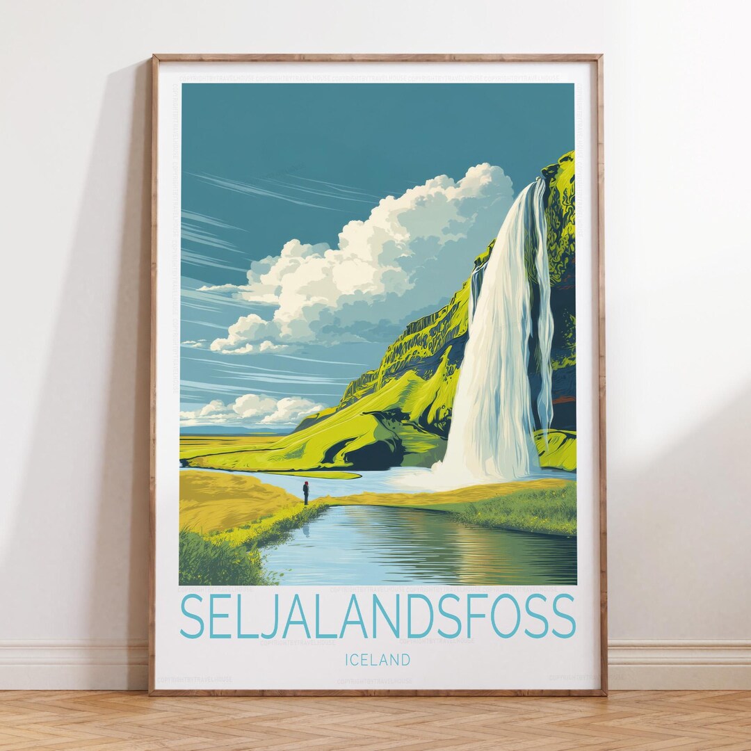 Seljalandsfoss Iceland Travel Poster – Vintage Waterfall Landscape Art ...