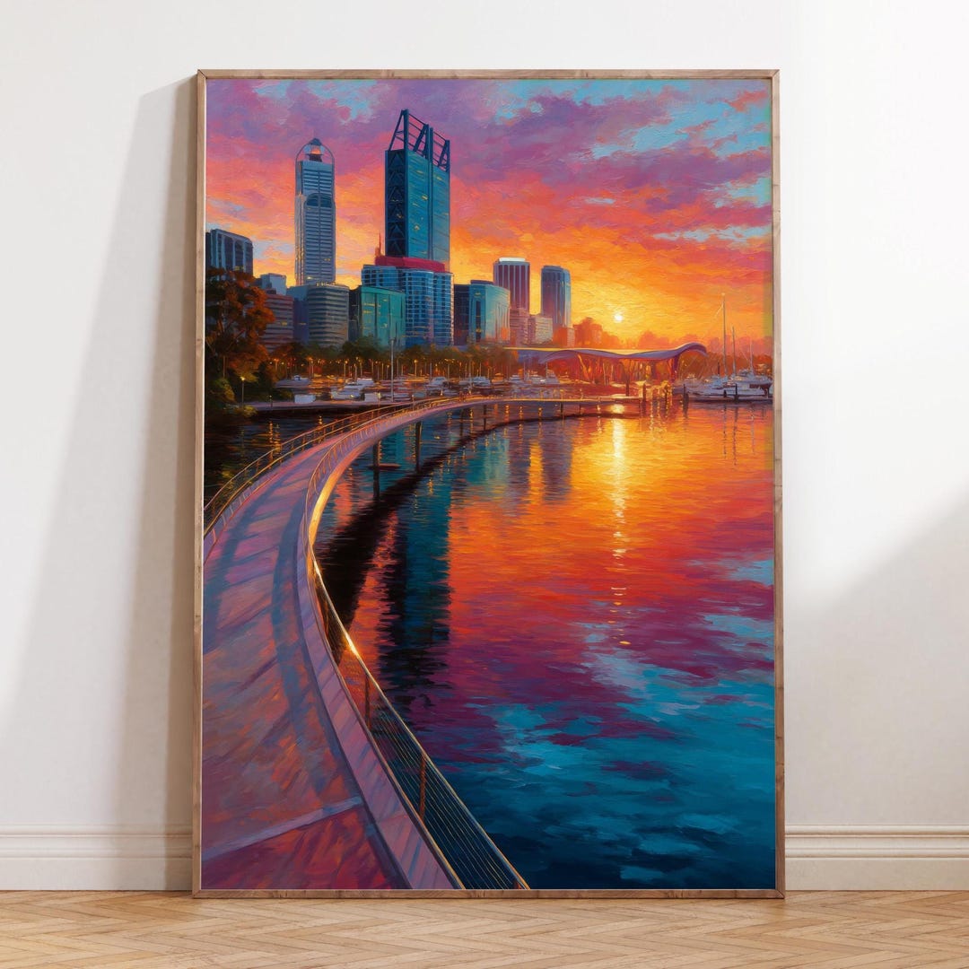 Perth Australia Sunset Poster, Waterfront Skyline Art, City Travel ...