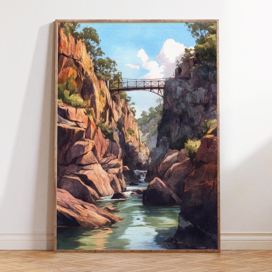 Cataract Gorge Watercolor Landscape, Tasmania Canyon Bridge, Australia ...