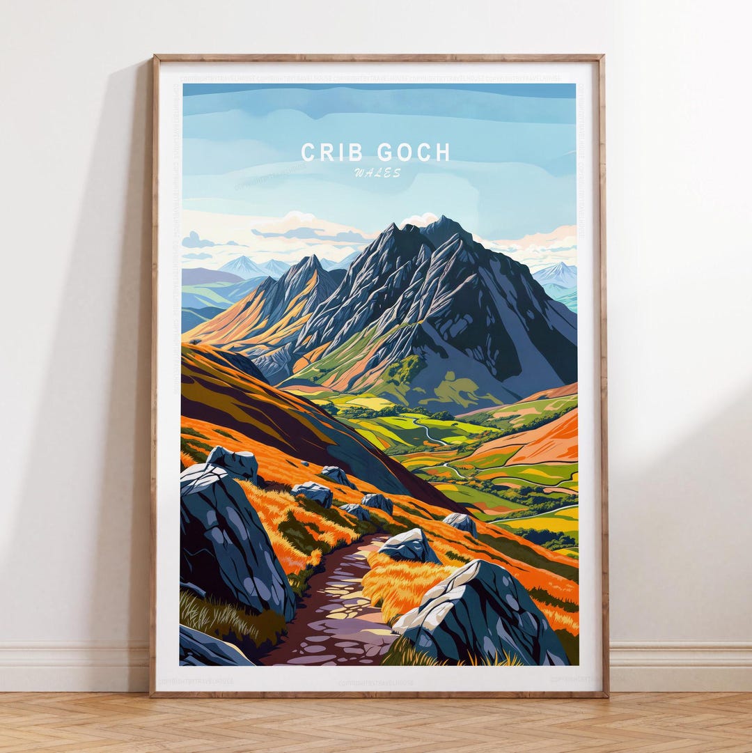 Crib Goch Mountain Travel Poster, Crib Goch Wales Wall Art Print, Wales ...