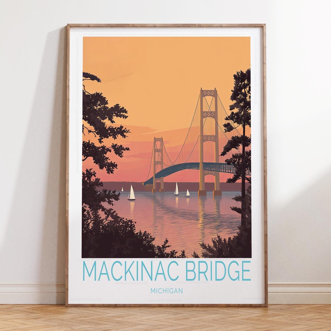 Mackinac Bridge Michigan Travel Poster, Michigan Travel Wall Art ...