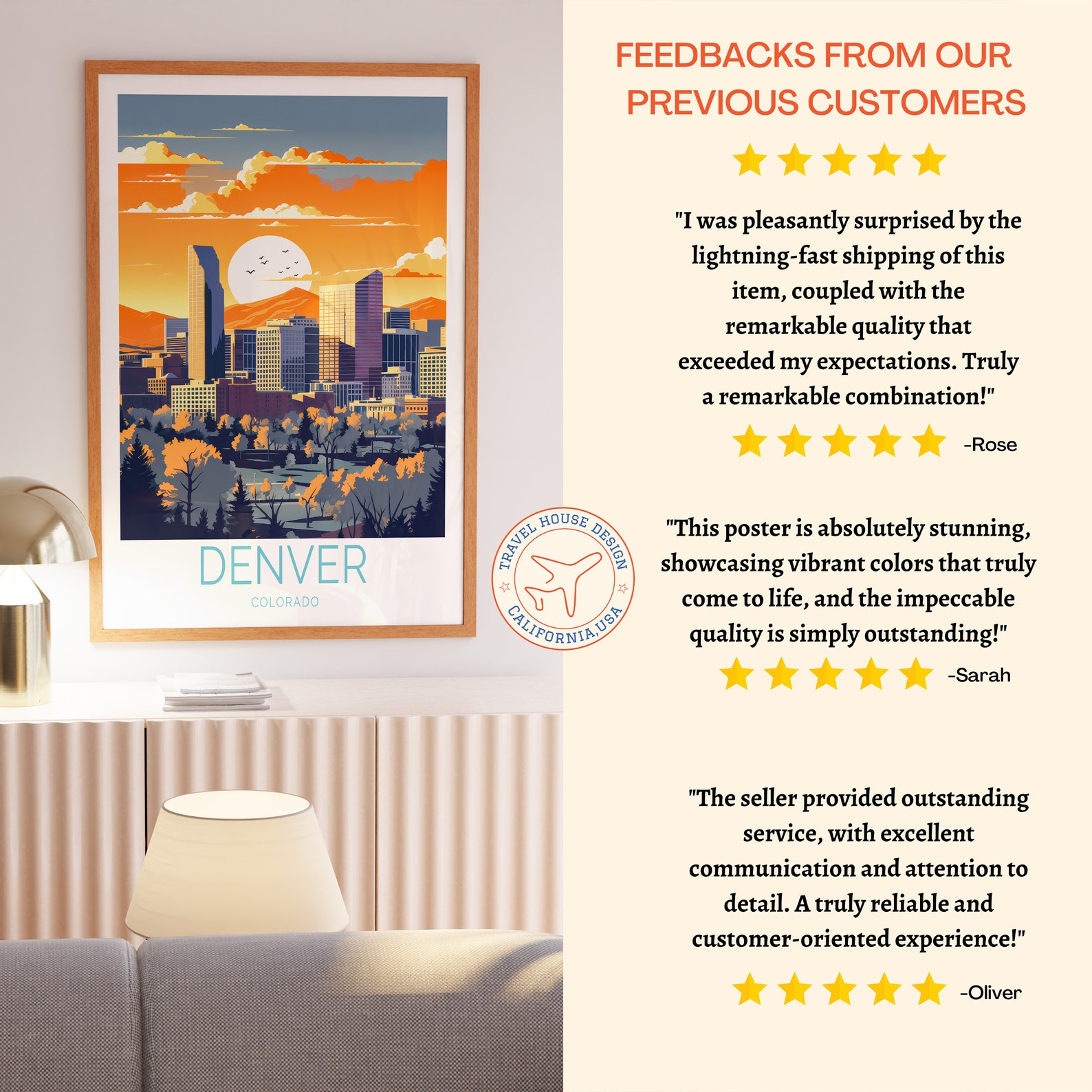 Denver Colorado Travel Poster – Rocky Mountains Sunset Skyline Art ...