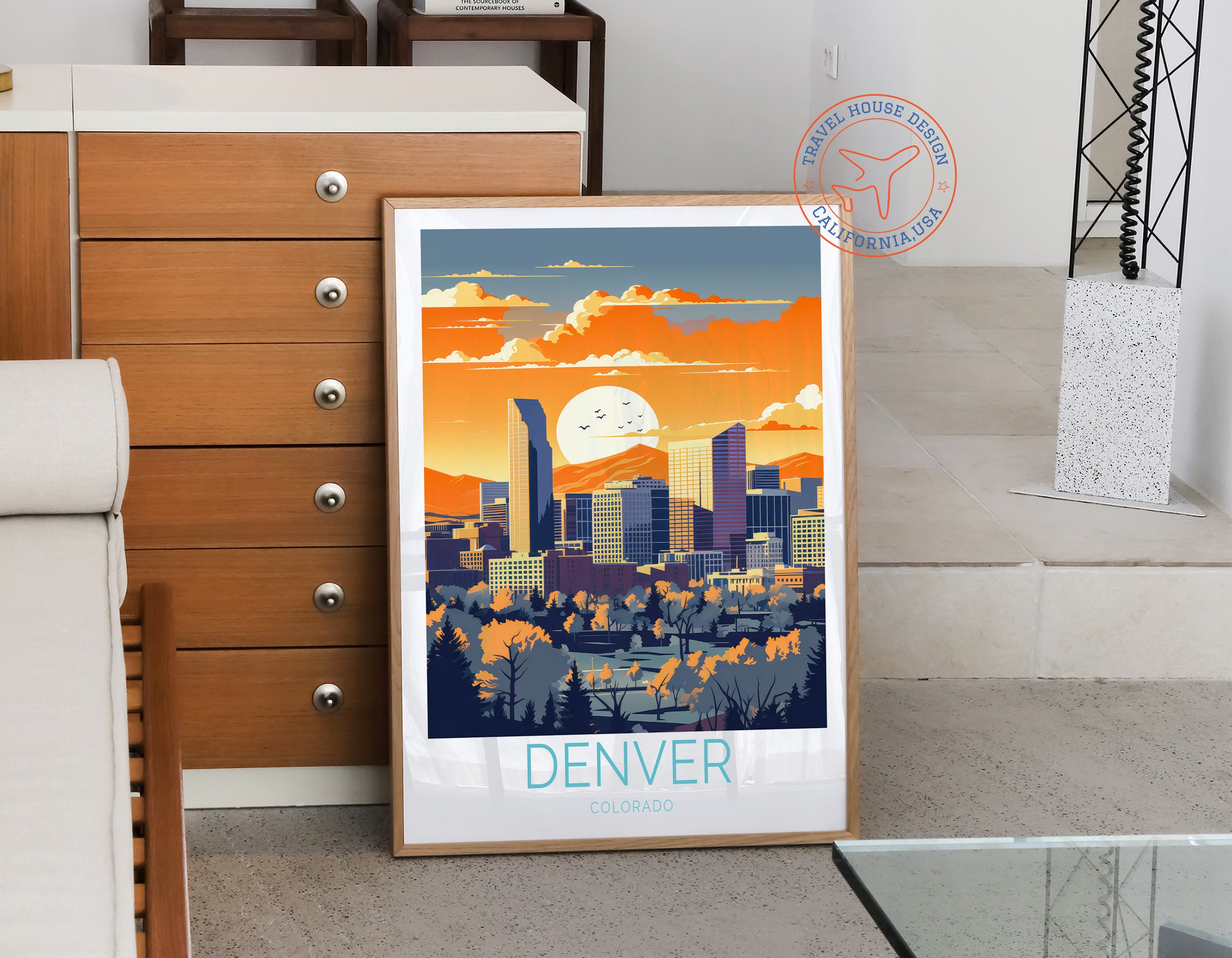 Denver Colorado Travel Poster – Rocky Mountains Sunset Skyline Art ...