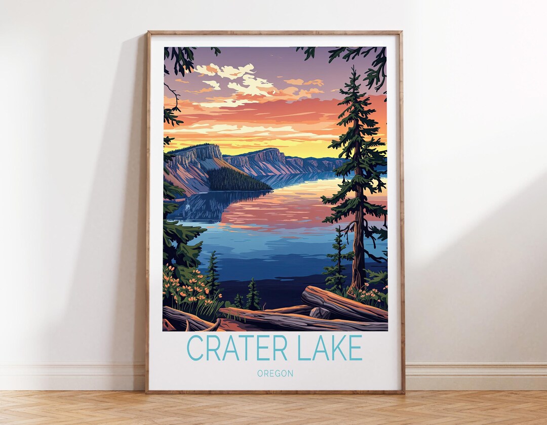 Crater Lake Travel Poster, Crater Lake Oregon Travel Wall Art, Oregon ...