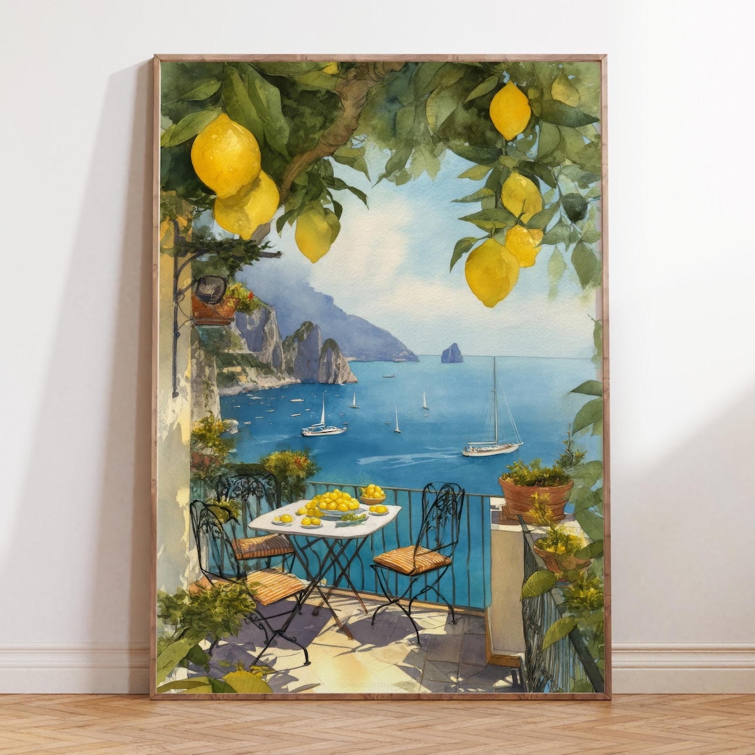 Capri Italy Watercolor Art, Mediterranean Terrace Seascape Print ...