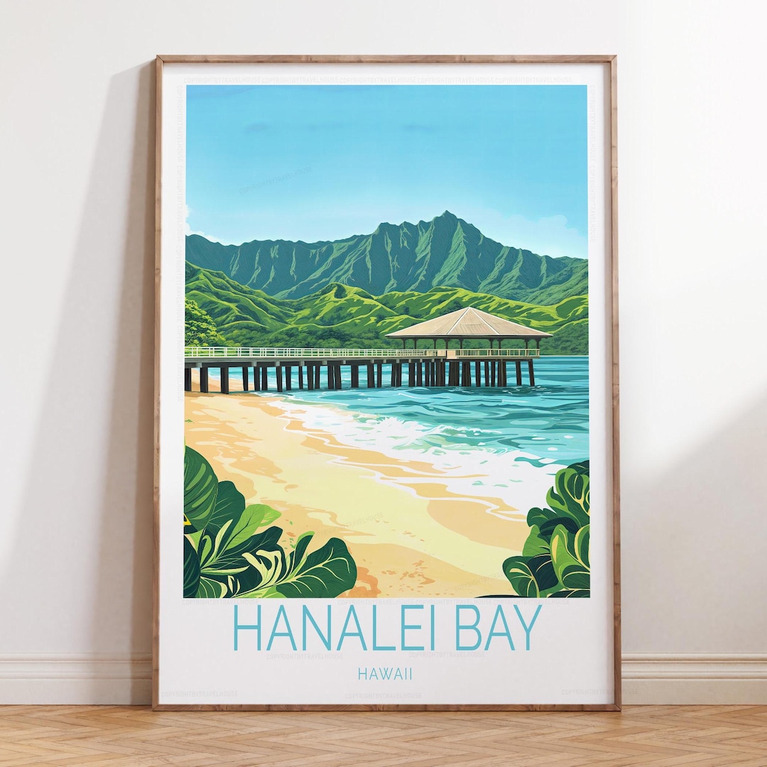 Hanalei Bay Hawaii Travel Poster, Hawaii Travel Print, Hanalei Bay ...