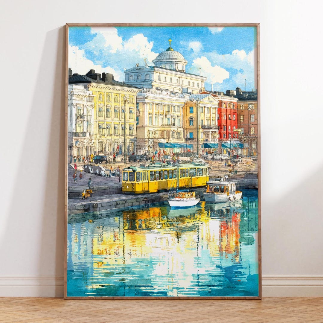 Helsinki Finland Watercolor Painting – Harbor Tram Scene Wall Art ...