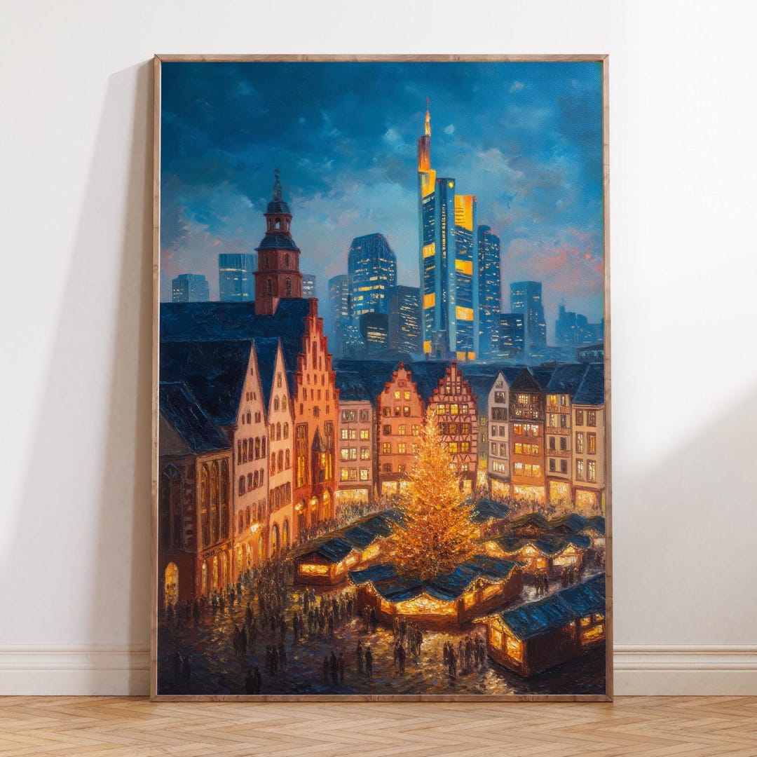 Oil Painting Travel Poster, Frankfurt Germany, Christmas Market Wall ...