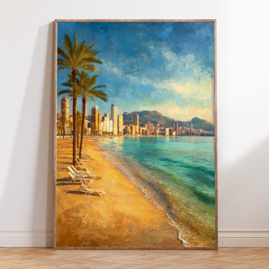 Oil Painting Travel Poster, Benidorm Spain Coast, Mediterranean Beach ...