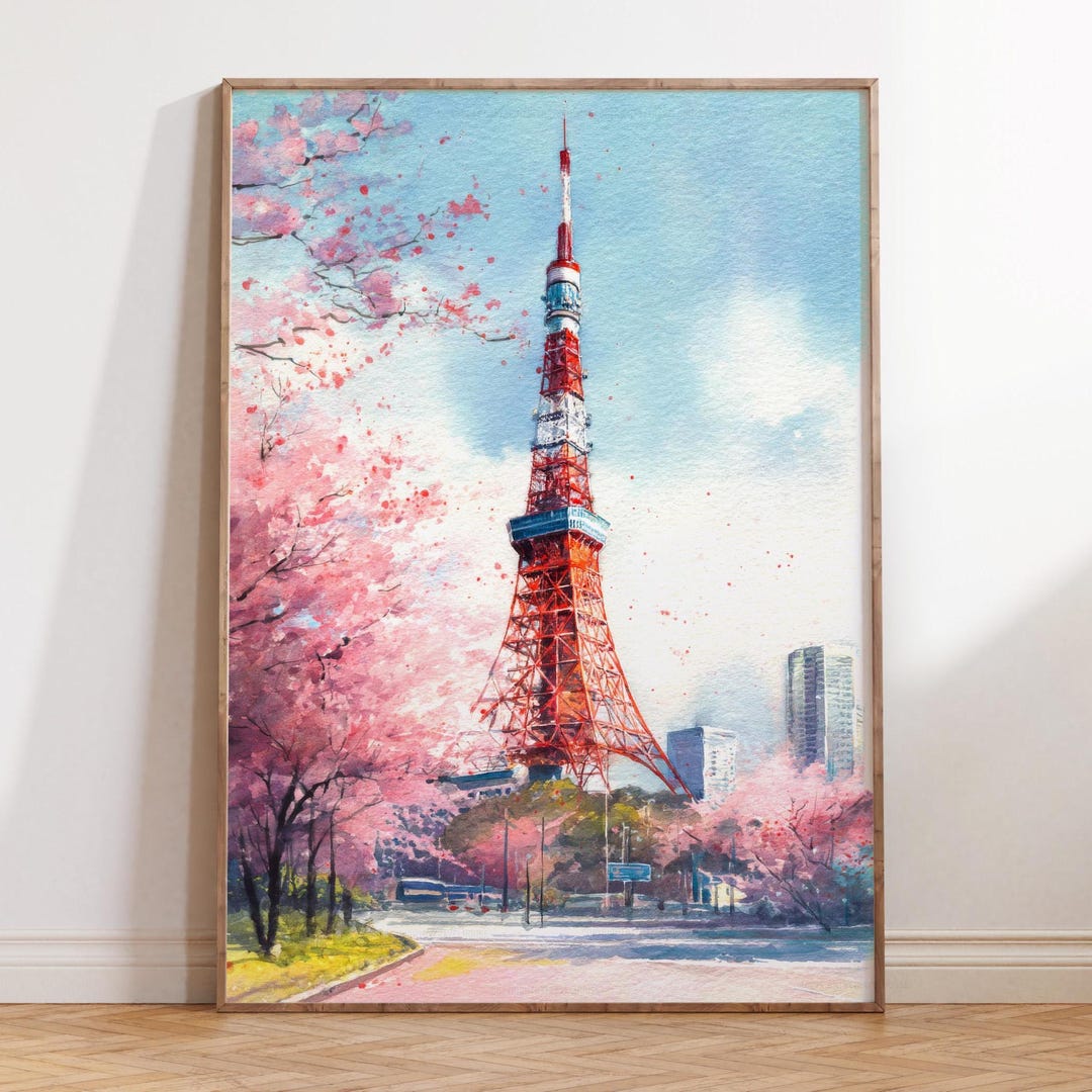 Tokyo Tower Japan Watercolor Painting – Cherry Blossom Spring Wall Art ...