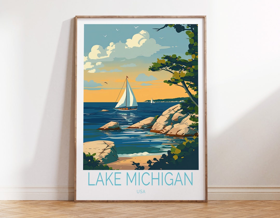 Lake Michigan Travel Poster, Lake Michigan USA Wall Art, USA Sunset ...