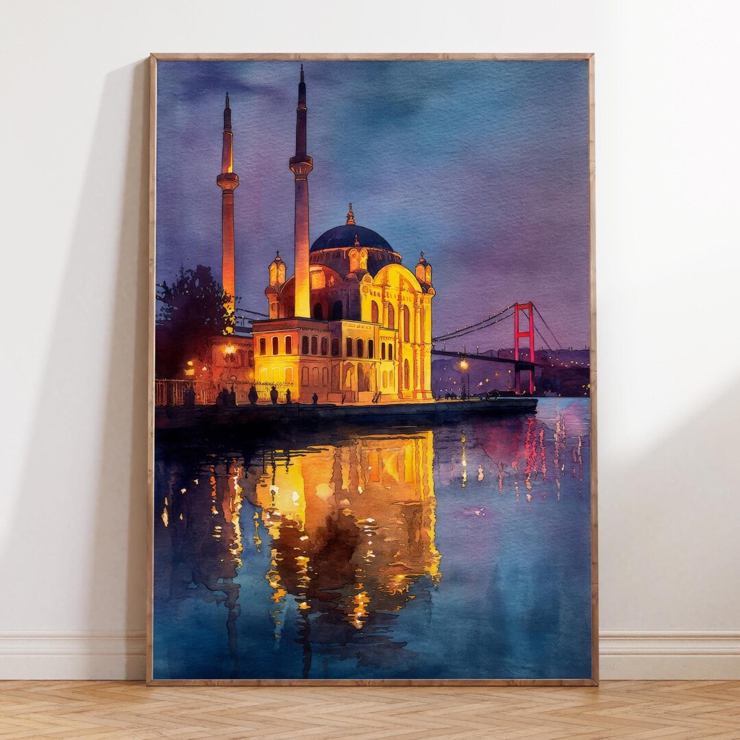 Istanbul Turkey Watercolor Painting – Bosphorus Night Scene Wall Art ...