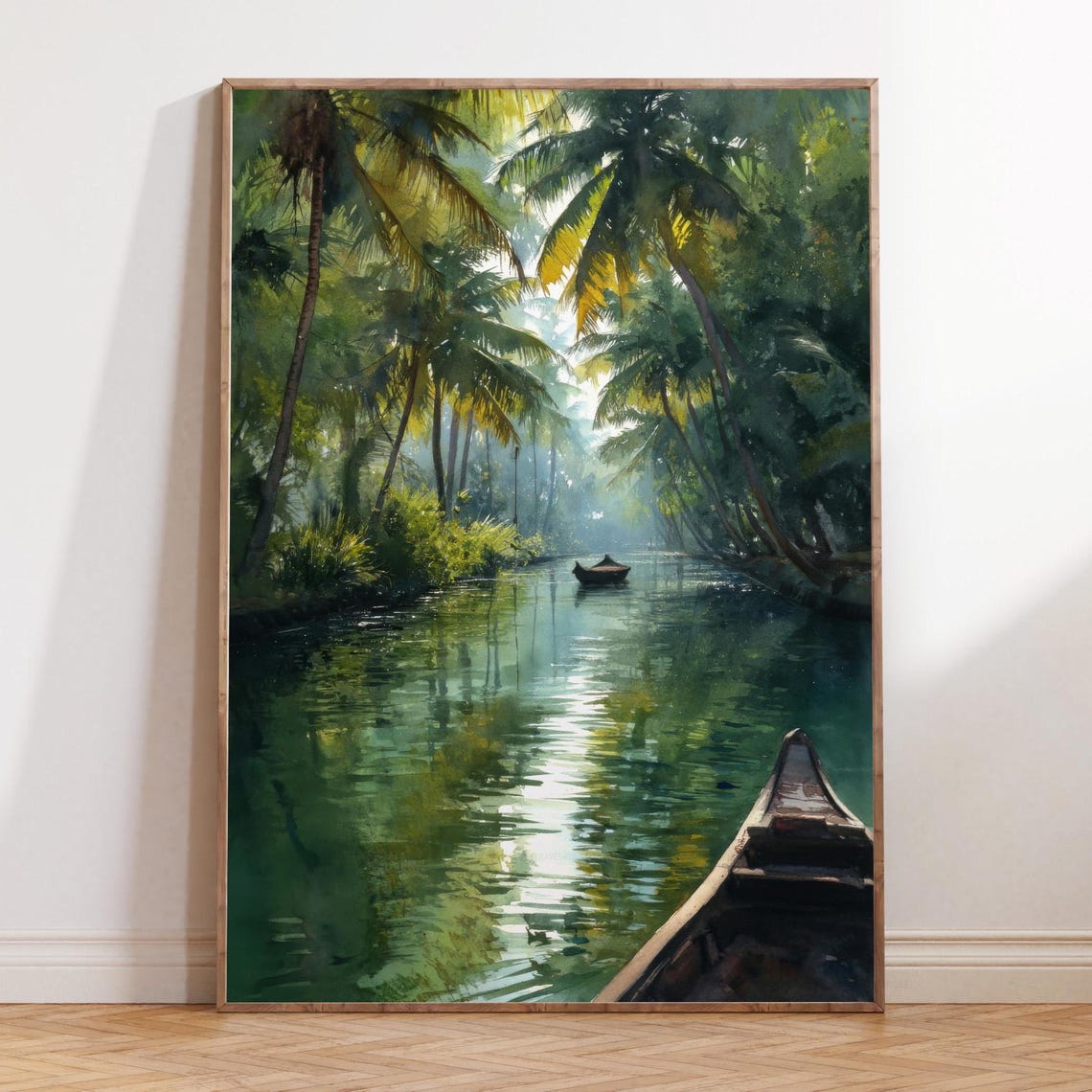 Kerala India Watercolor Art, Tropical Backwaters Landscape Print ...