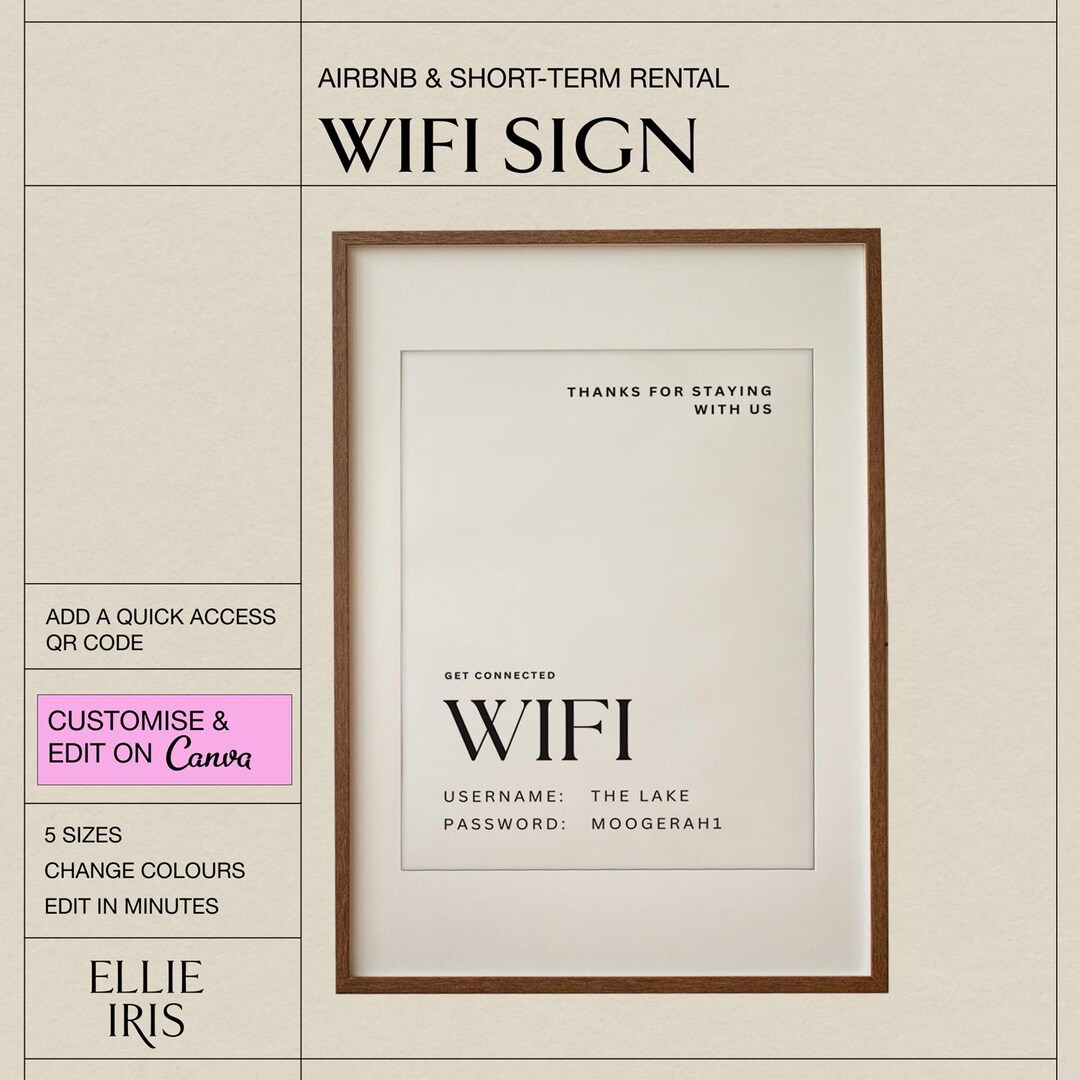 Airbnb Wifi Sign, Editable Canva Template, Printable Short Term Rental ...