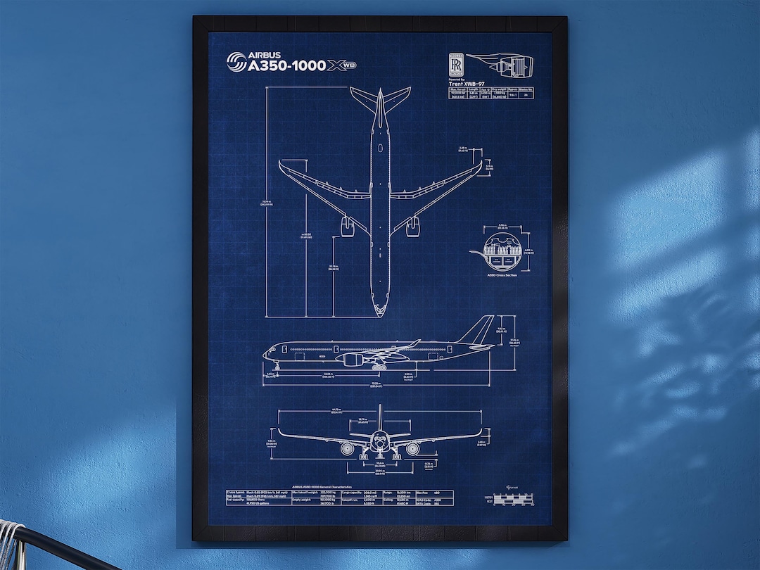 Airbus A350-1000 Vertical Blueprint Premium Poster Airplane Decor Pilot ...