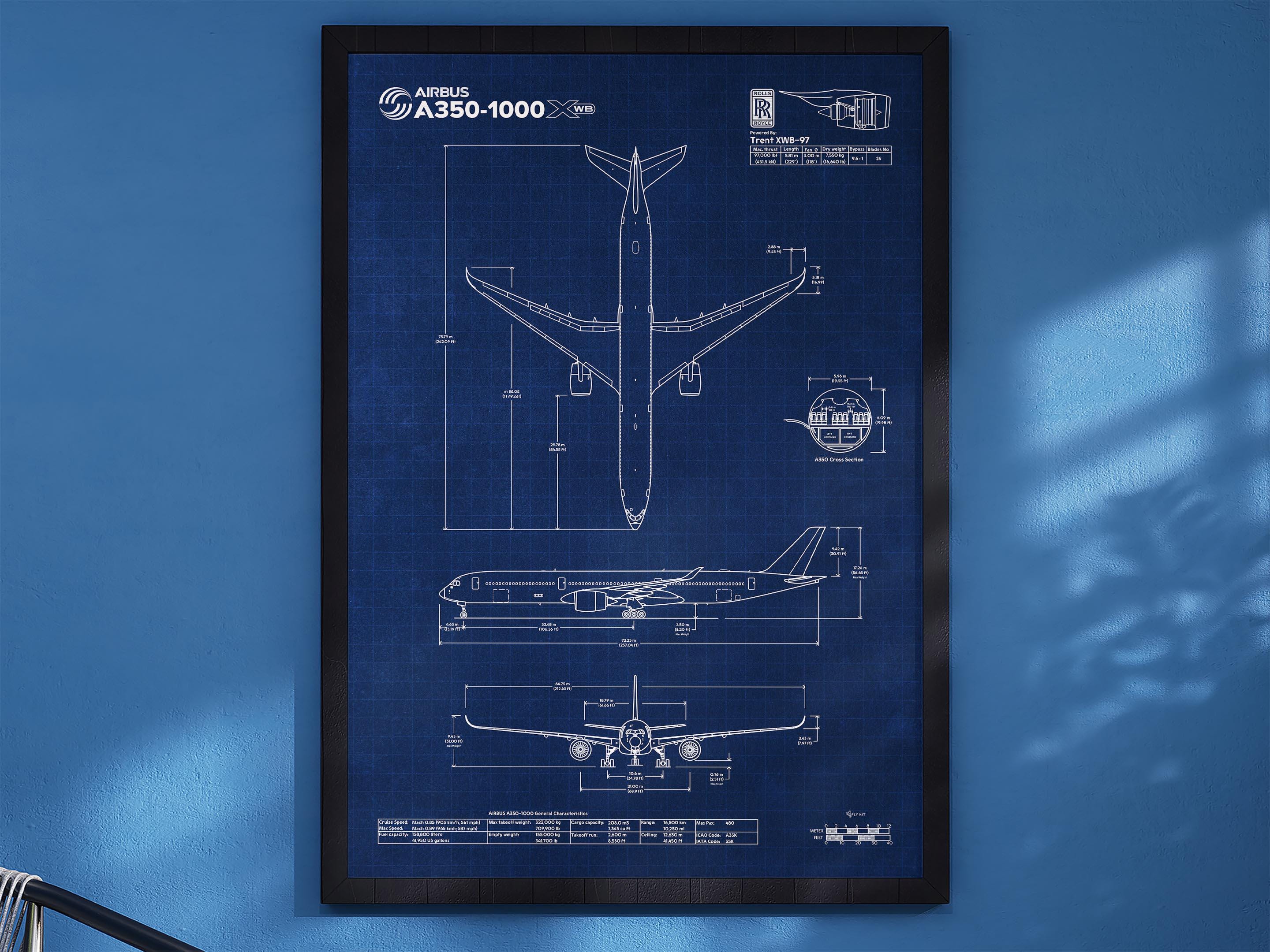 Airbus A350-1000 Vertical Blueprint Premium Poster Airplane Decor Pilot ...