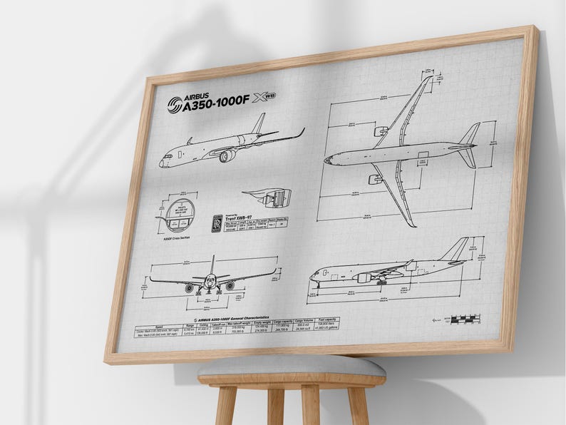 Airbus A350-1000F Blueprint Horizontal | Premium Wall Art | Aviation ...
