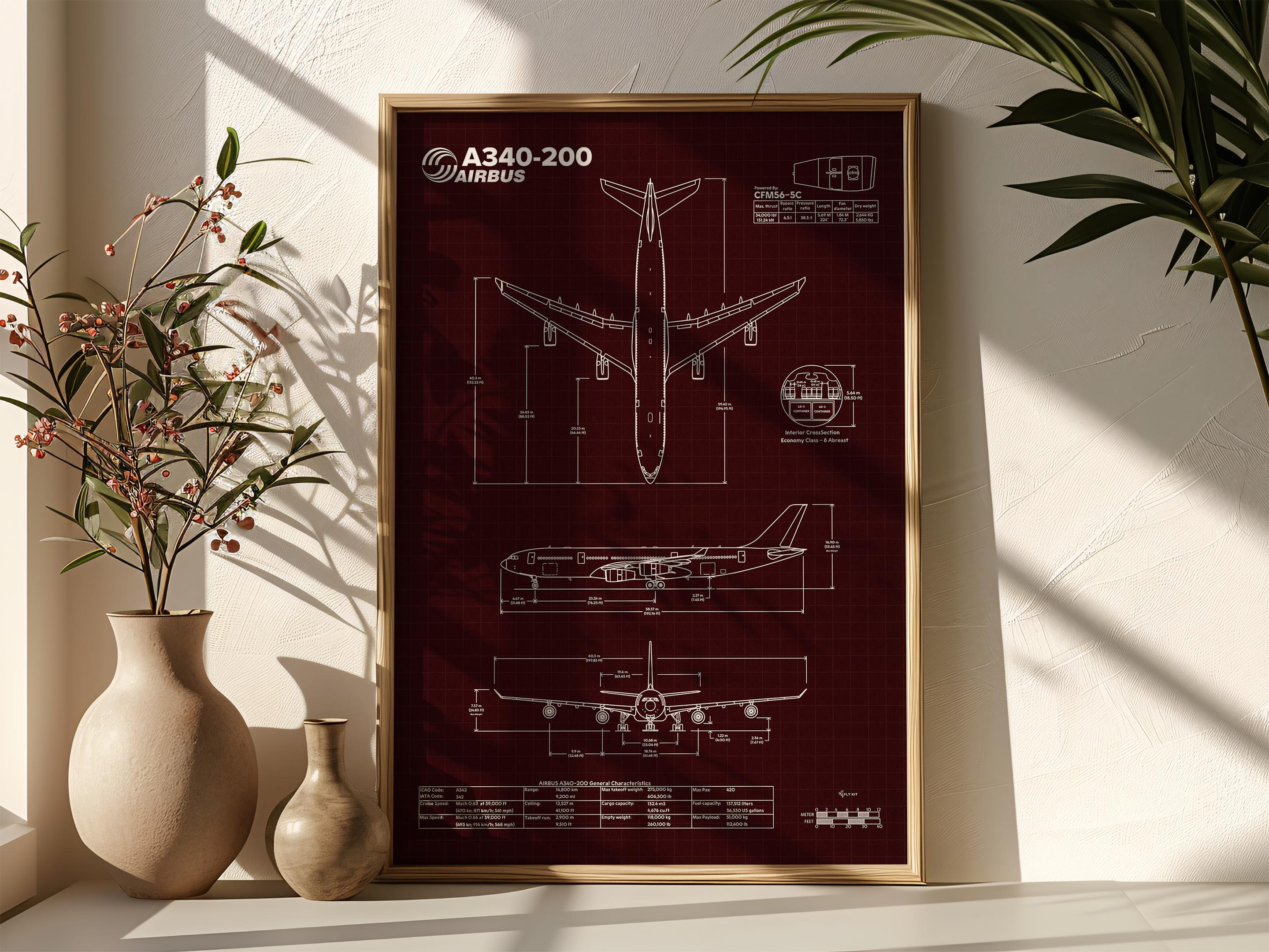 Airbus A340-200 Vertical Blueprint Premium Poster Airplane Decor Pilot ...