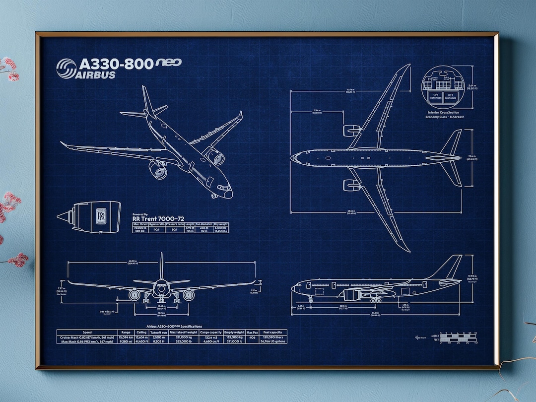 Airbus A330-800 Horizontal Blueprint Premium Poster Aviation Wall Art ...