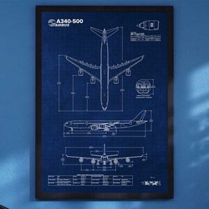Airbus A340-500 Vertical Blueprint Premium Poster Airplane Decor Pilot ...