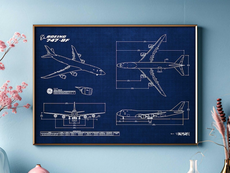 Boeing B747-8F Blueprint Horizontal | Premium Wall Art | Aviation Gift ...