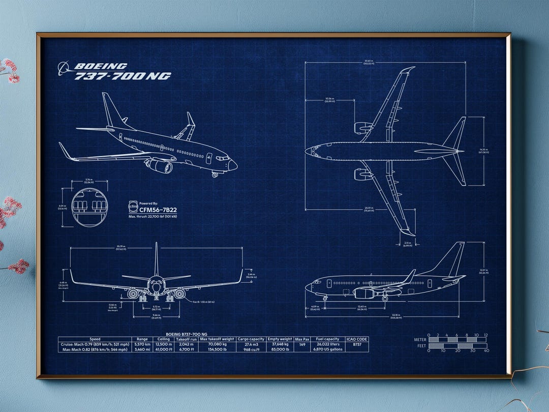 Boeing B737-700 Horizontal Blueprint Premium Poster Aviation Wall Art ...