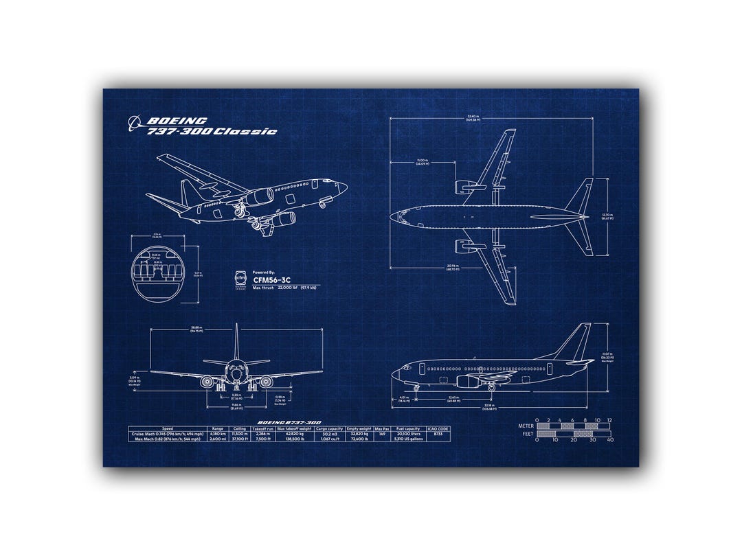 Boeing B737-300 Blueprint Horizontal | Premium Wall Art | Aviation Gift ...