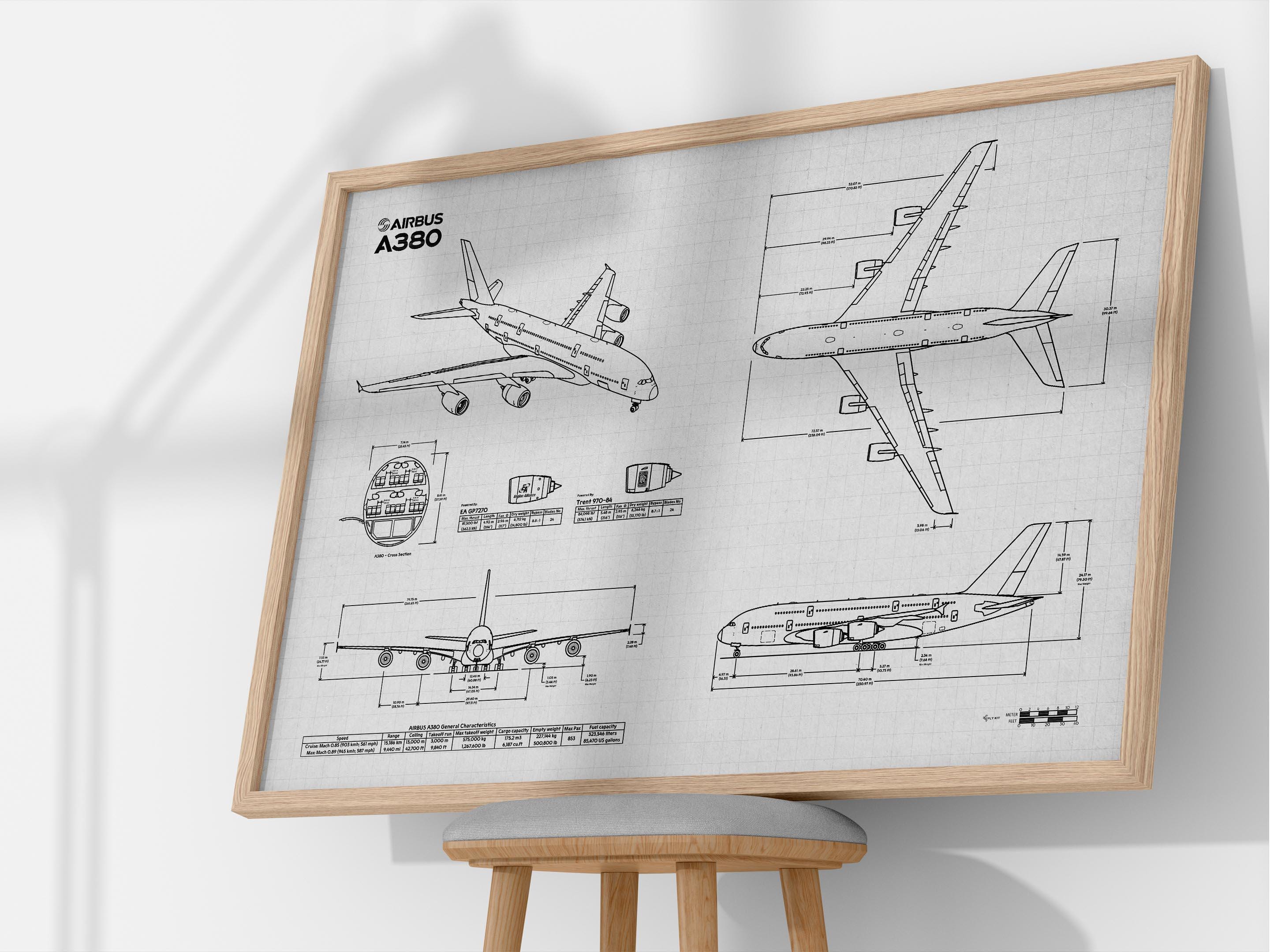Airbus A380-800 Horizontal Blueprint Premium Poster Aviation Wall Art ...