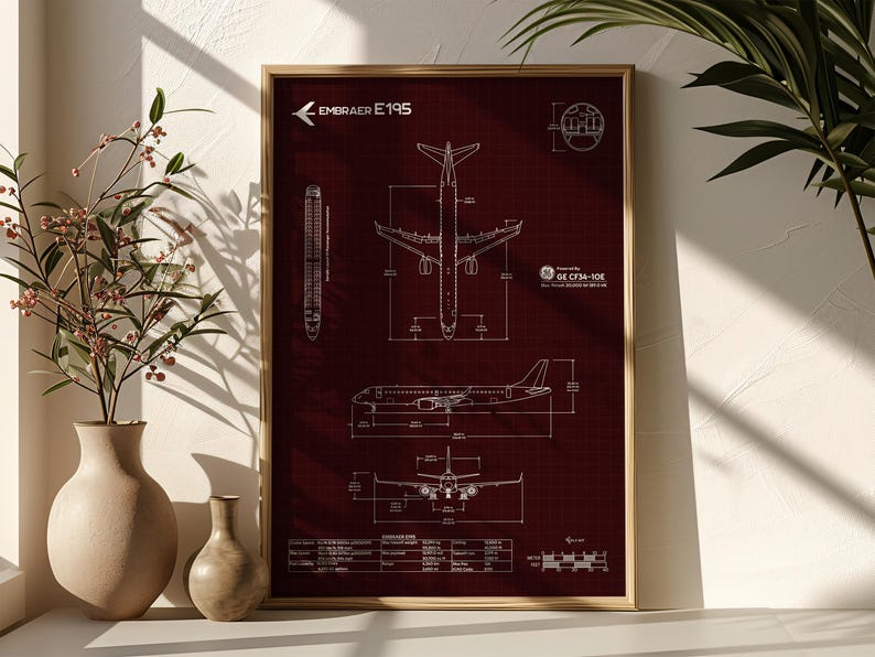 Embraer E195 Blueprint Poster Vertical | Aviation Wall Art - Etsy