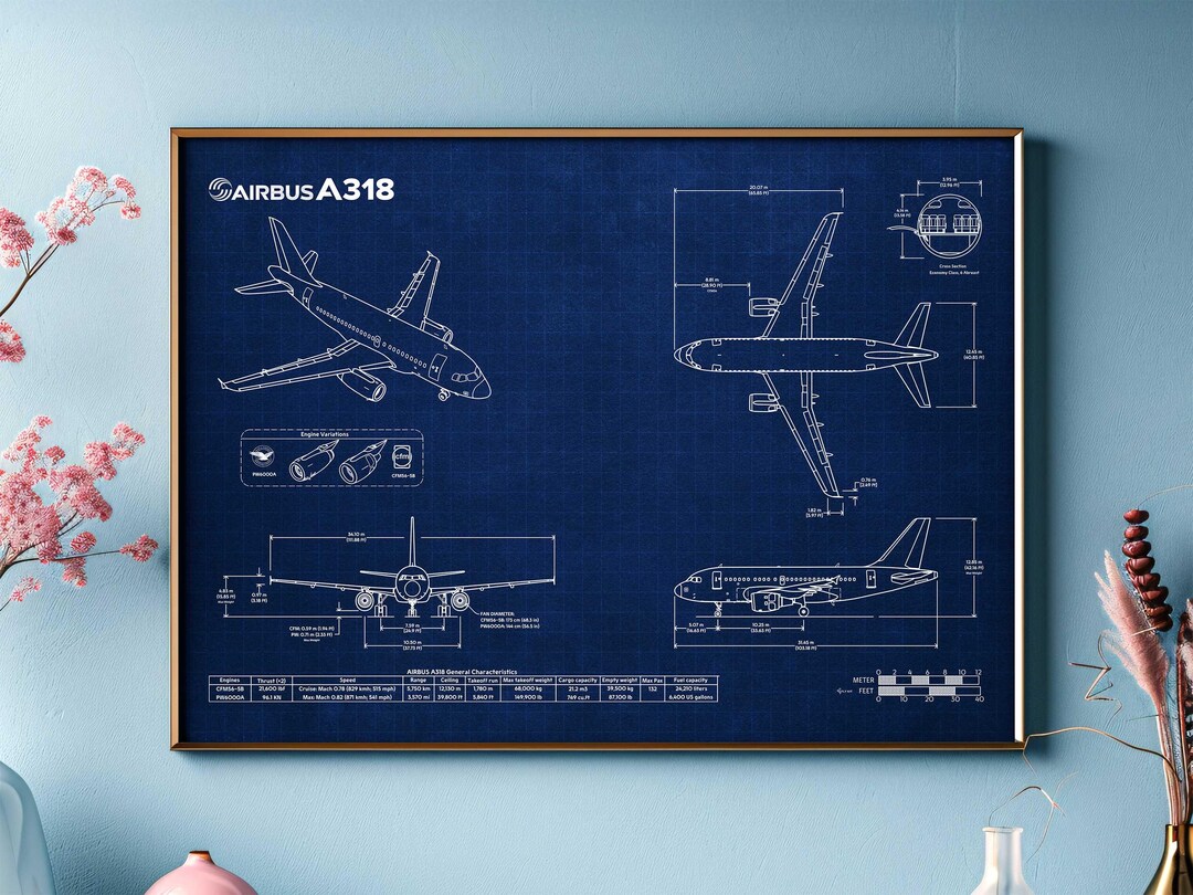 Airbus A318 Horizontal Blueprint Poster Aviation Enthusiast Gift Modern ...