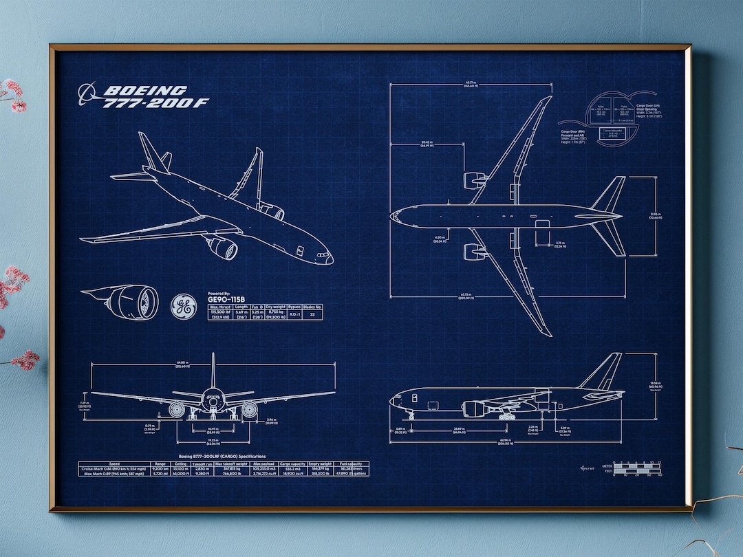Boeing B777-200LRF B777-200F B777F Horizontal Blueprint Premium Poster ...
