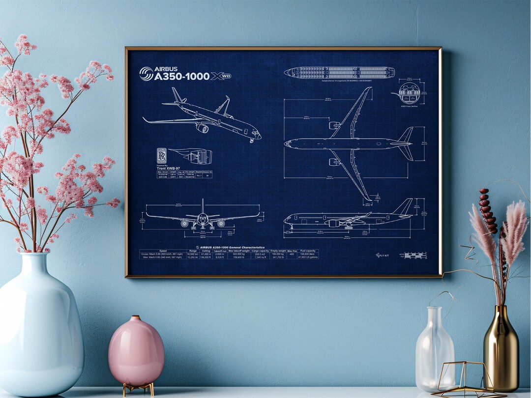 Airbus A350-1000 Blueprint horizontal Premium Poster Aviation Wall Art ...