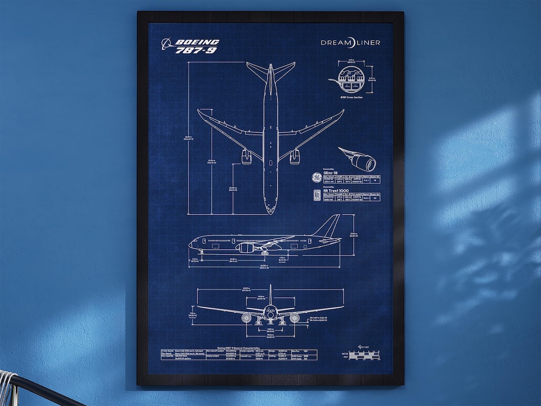 Boeing B787-9 Vertical Blueprint Premium Poster Airplane Decor Pilot ...