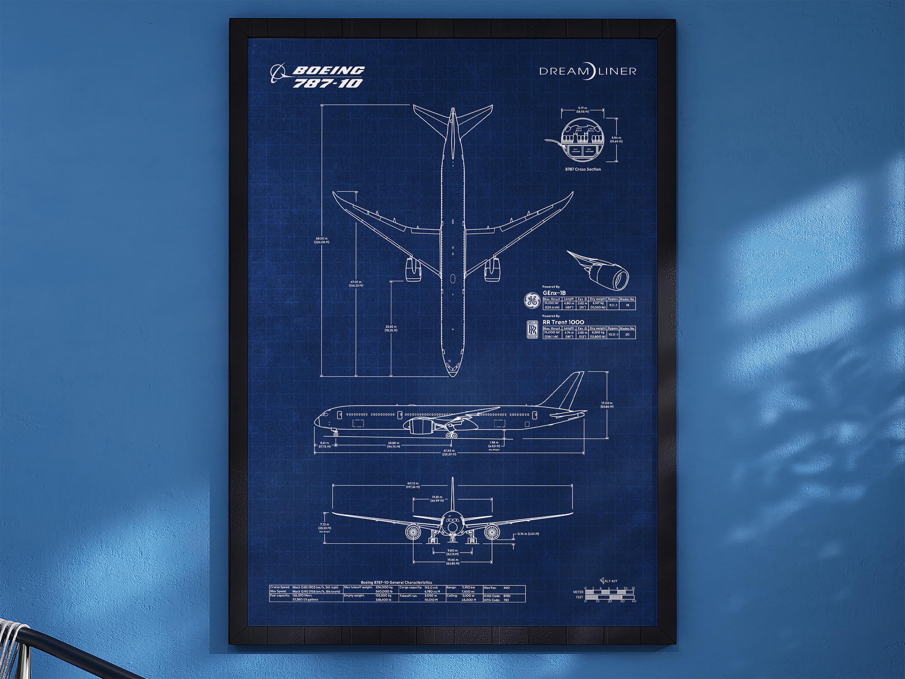 Boeing B787-10 Vertical Blueprint Premium Poster Airplane Decor Pilot ...
