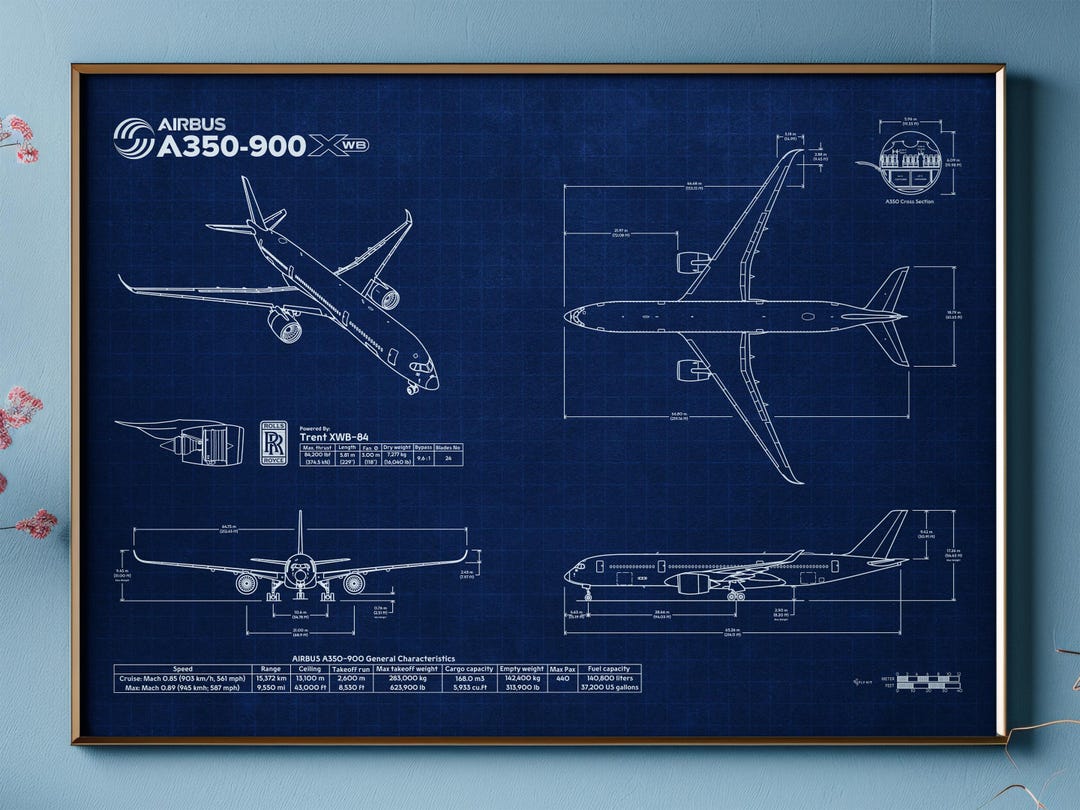 Airbus A350-900 Horizontal Blueprint Premium Poster Aviation Wall Art ...