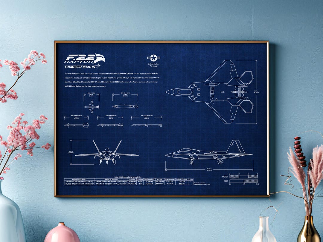 Lockheed Martin F-22 Raptor Blueprint Poster Horizontal | Aviation Wall ...