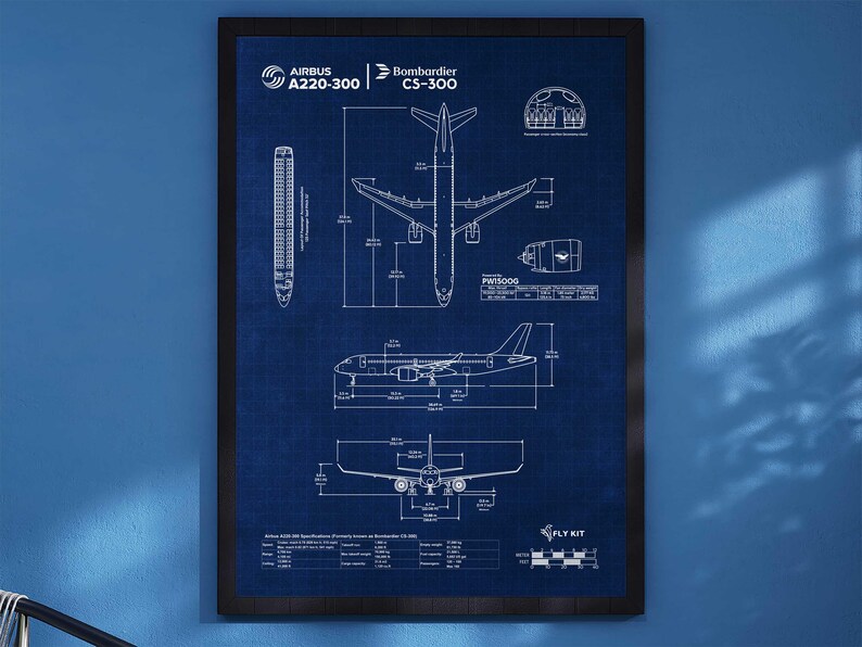 Airbus A220-300 bombardier CS-300 Vertical Blueprint Poster Pilot ...