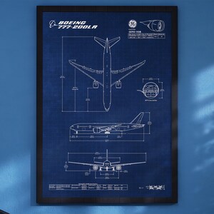 Boeing B777-200LR Vertical Blueprint Premium Poster Airplane Decor ...