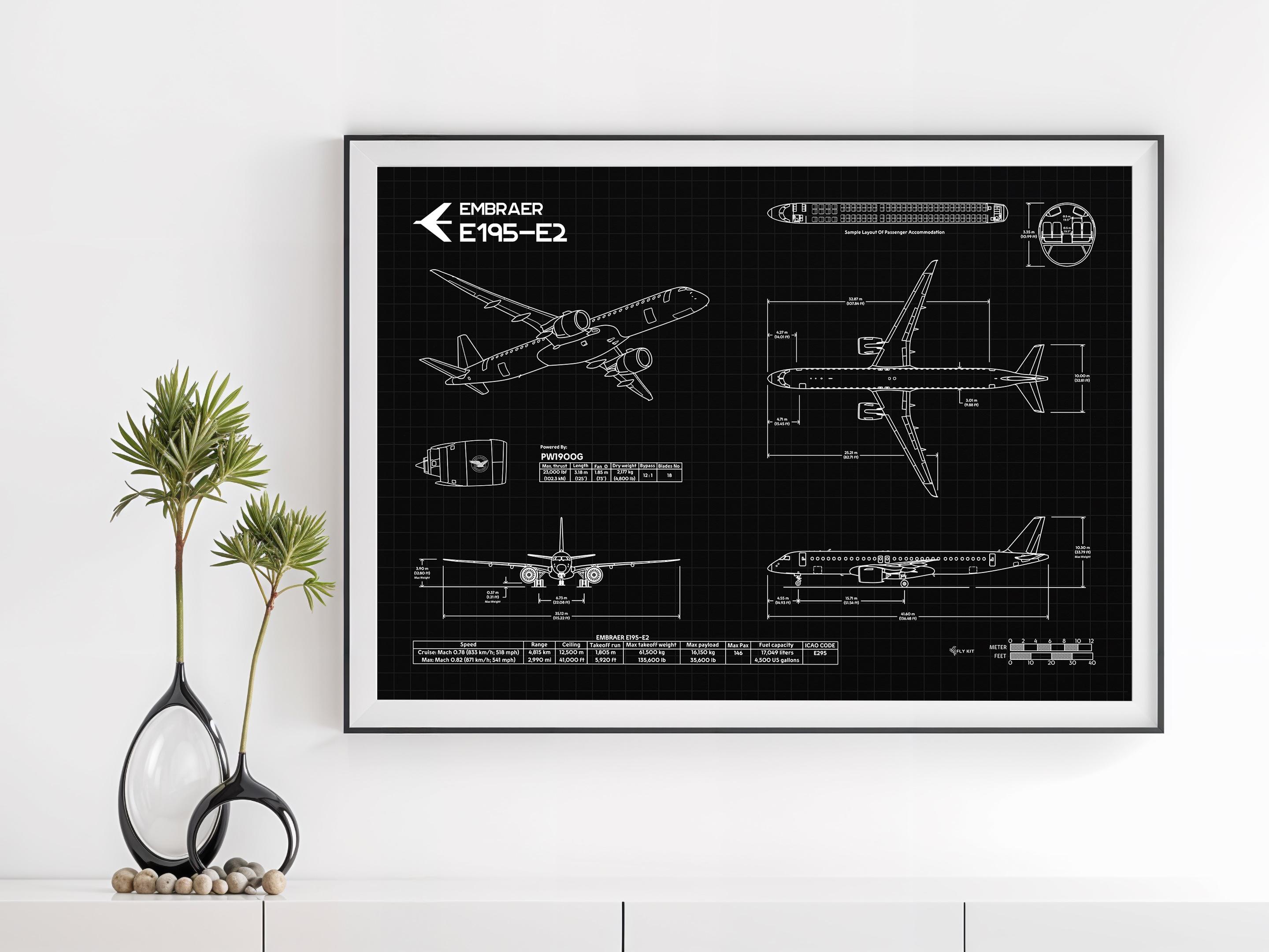 Embraer E195-E2 (ERJ-195 E2) Blueprint Horizontal | Premium Wall Art ...