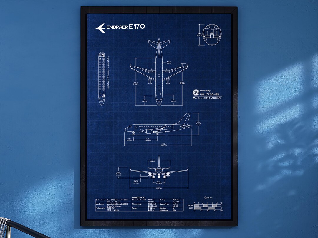 Embraer E170 Blueprint Poster Vertical | Aviation Wall Art - Etsy