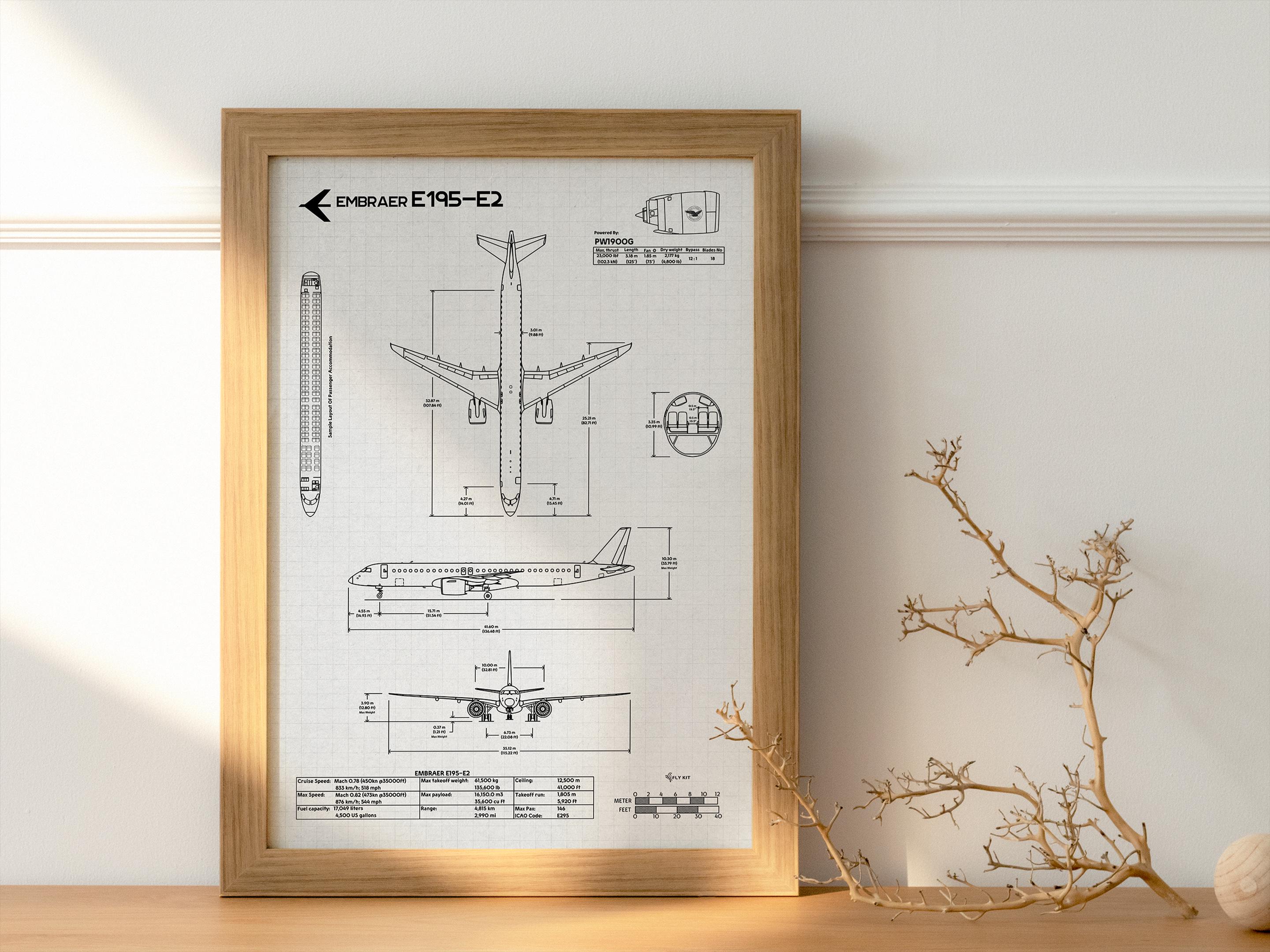 Embraer E195-E2 Blueprint Poster Vertical | Aviation Wall Art - Etsy