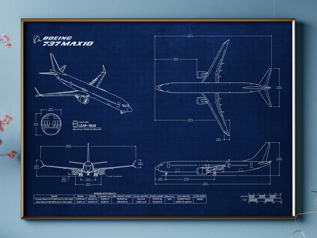 Boeing B737 MAX 10 Horizontal Blueprint Premium Poster Aviation Wall ...