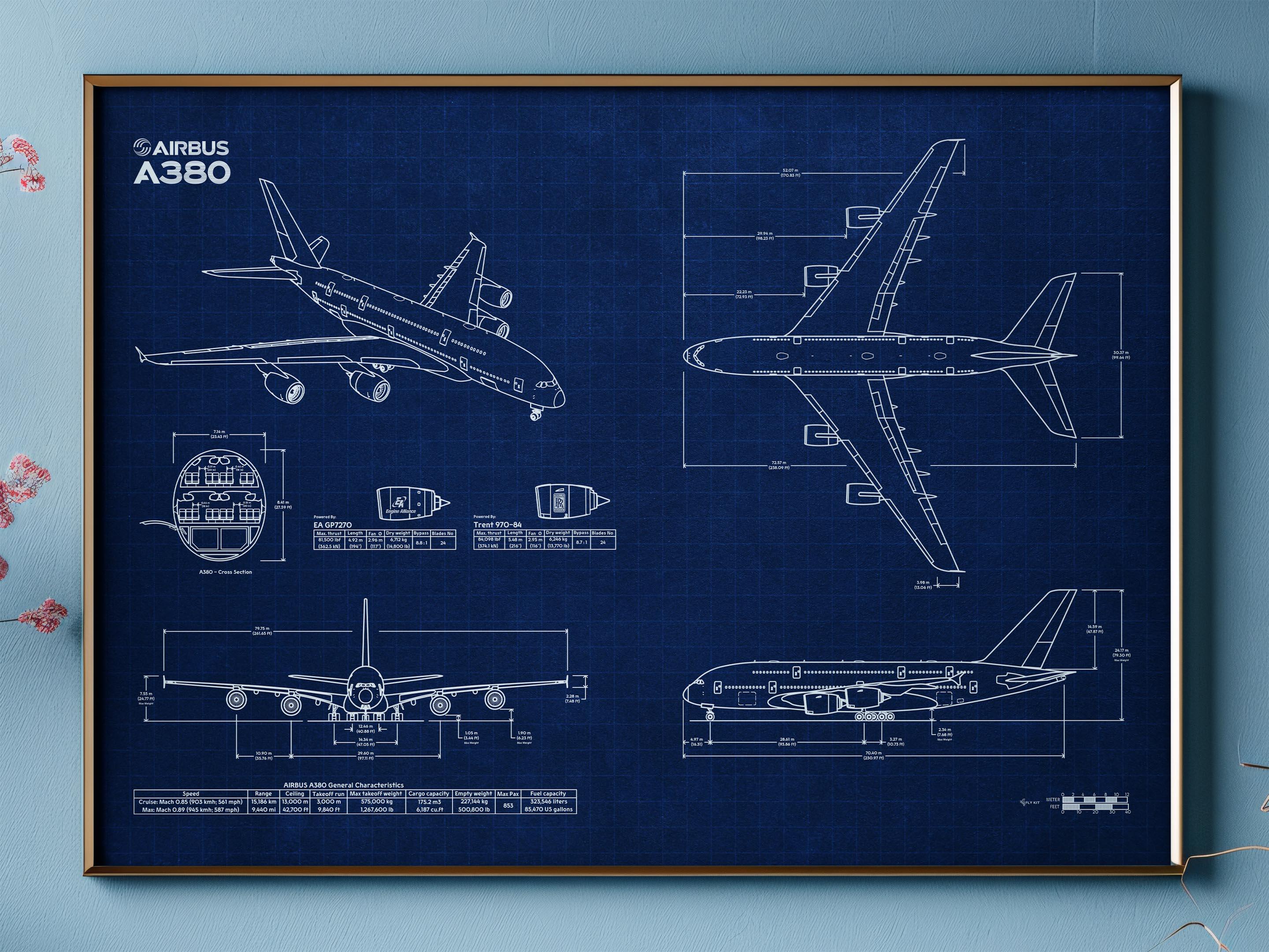 Airbus A380-800 Horizontal Blueprint Premium Poster Aviation Wall Art ...